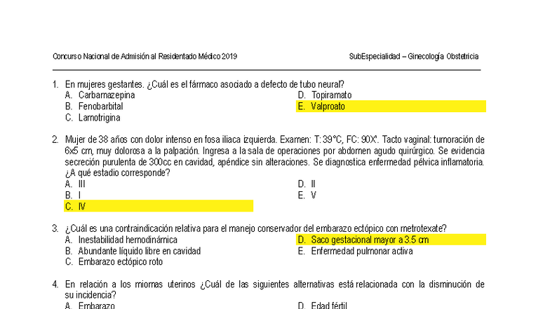 Examen de Admisión al Residentado Médico 2019: Ginecología y ...