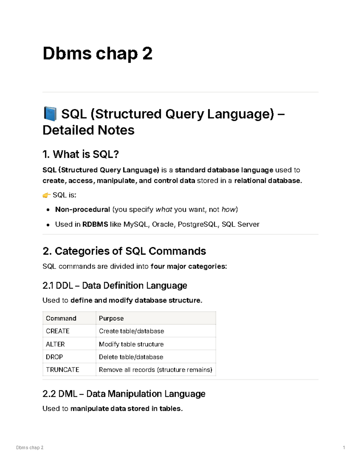 DBMS 101: Chapter 2 SQL Notes and Key Exam Tips - Studocu