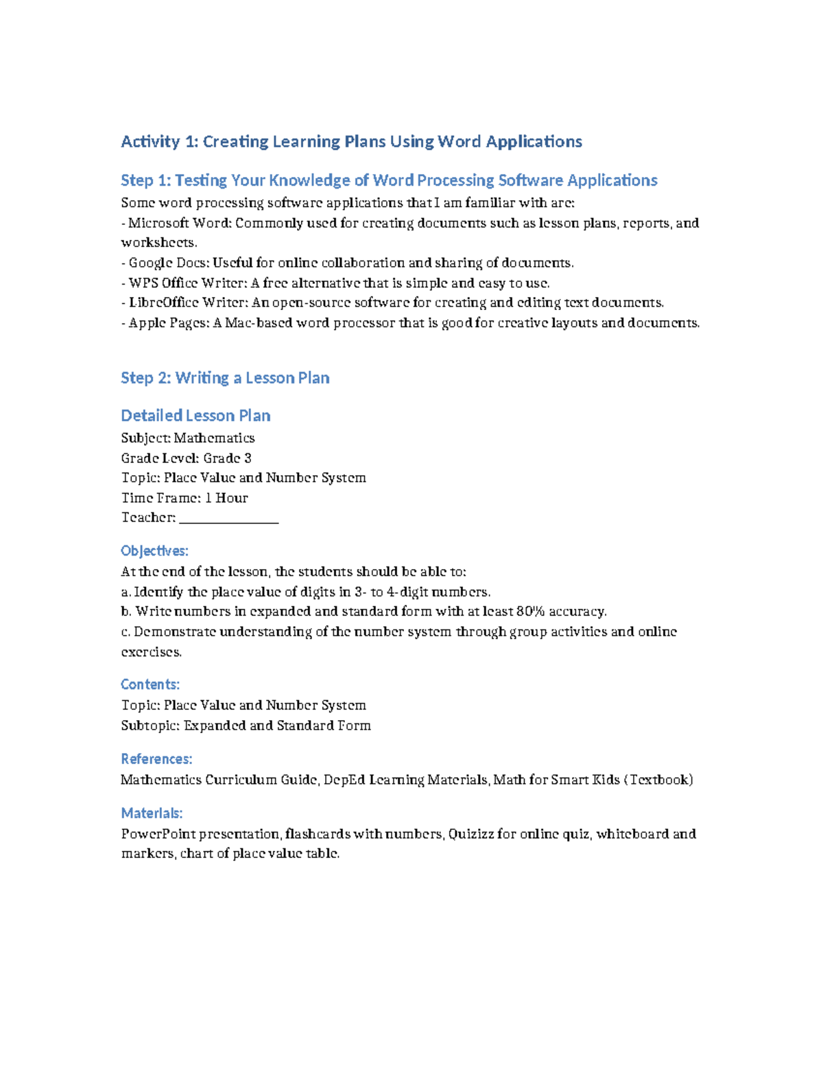 Activity 1: Midterm Lesson Plan on Place Value & Number System - Studocu