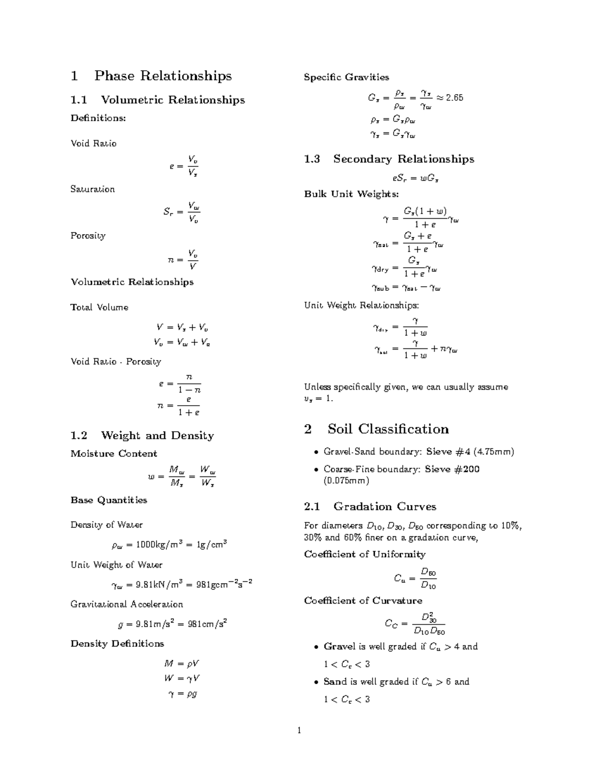 CVEN3202 Soil Mechanics: Comprehensive Formula Sheet - Studocu