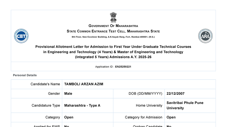 Provisional Allotment Letter for Engineering Admissions 2023-24 - Studocu