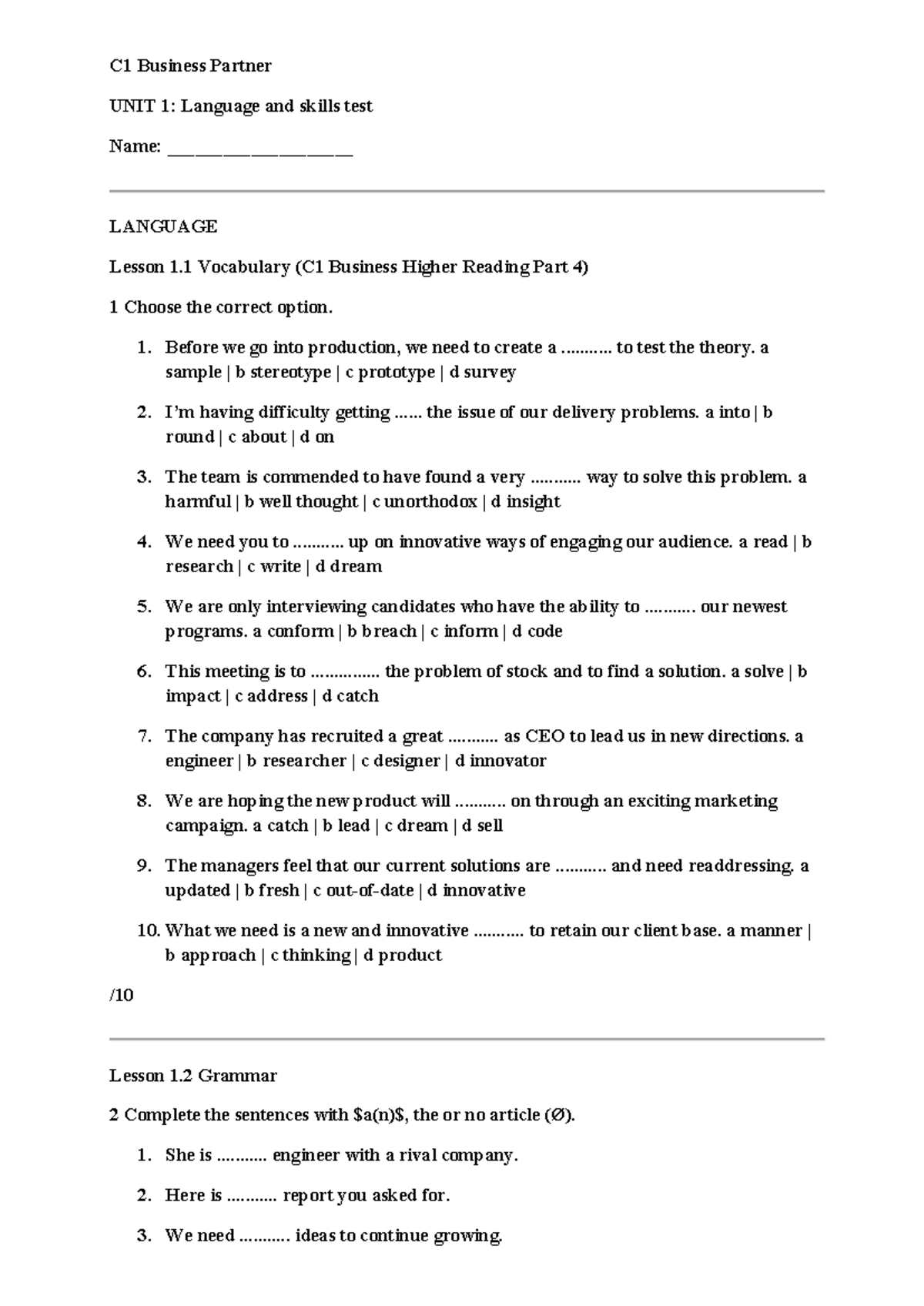 C1 Business Partner UNIT 1: Language & Skills Test Overview - Studocu
