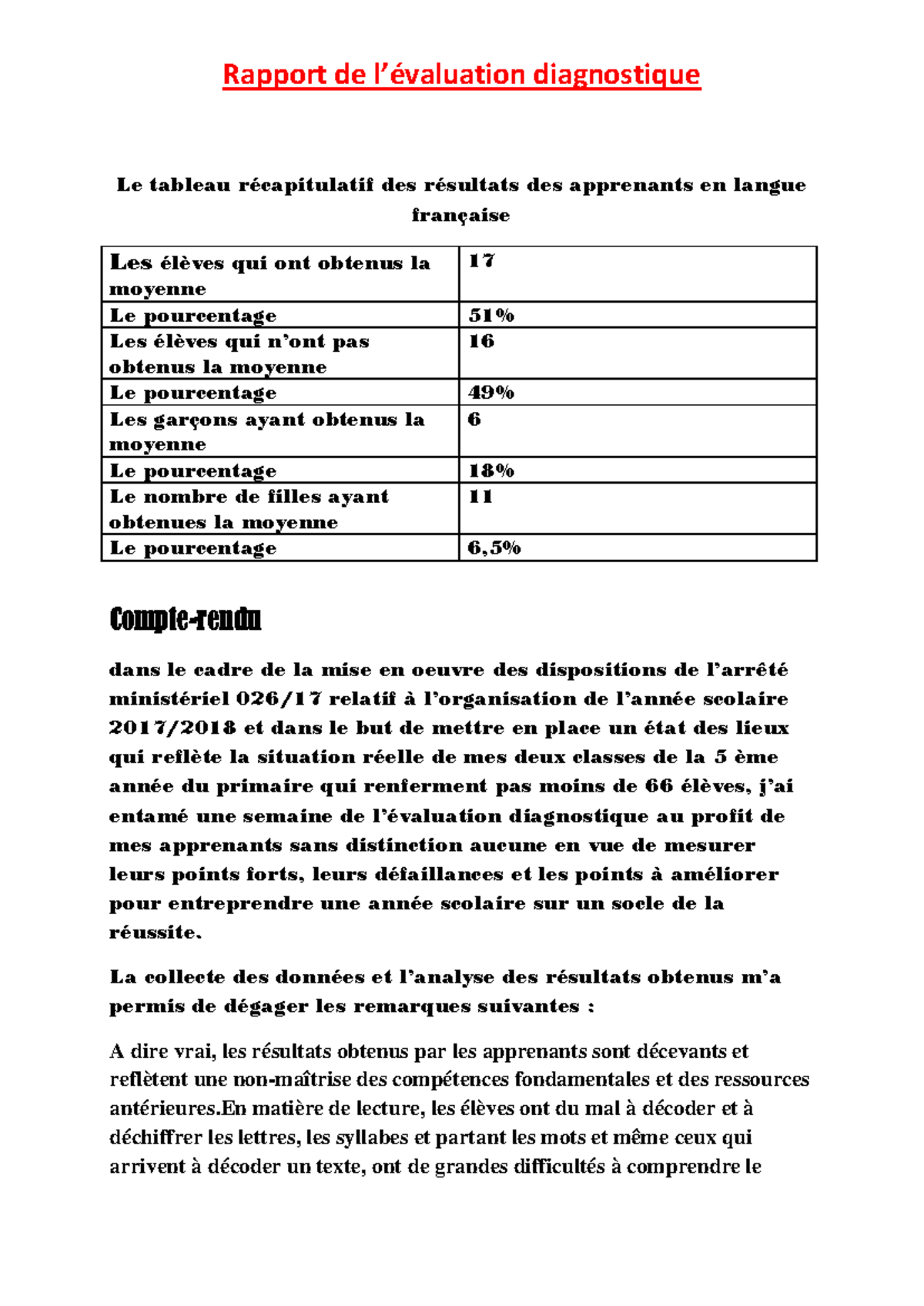 Rapport de l'évaluation diagnostique en langue française - 5ème année ...