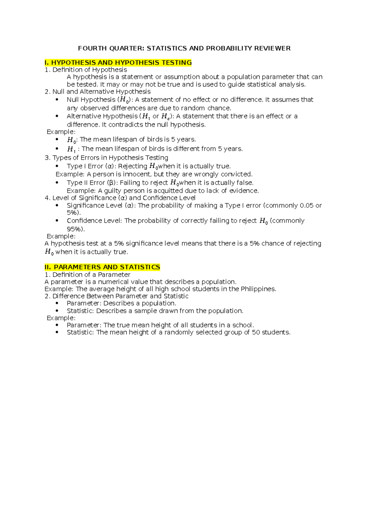 Q4: Statistics & Probability Hypothesis Testing Reviewer - Studocu