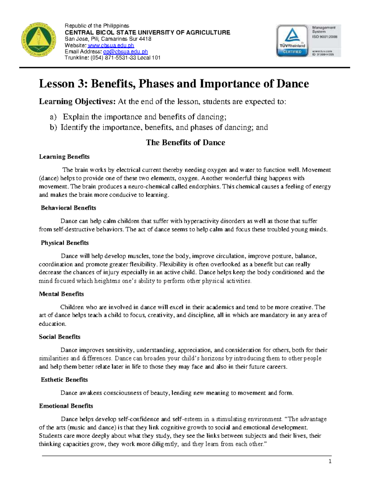 Benefits and Phases of Dance: A Comprehensive Study (Lec 3) - Studocu