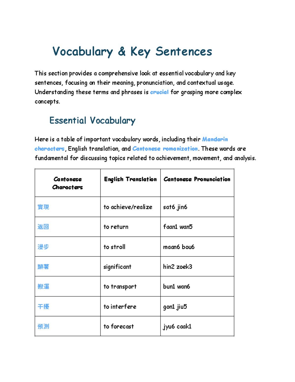 Vocabulary Key Sentences and Key Sentence Analysis for Course Code ...