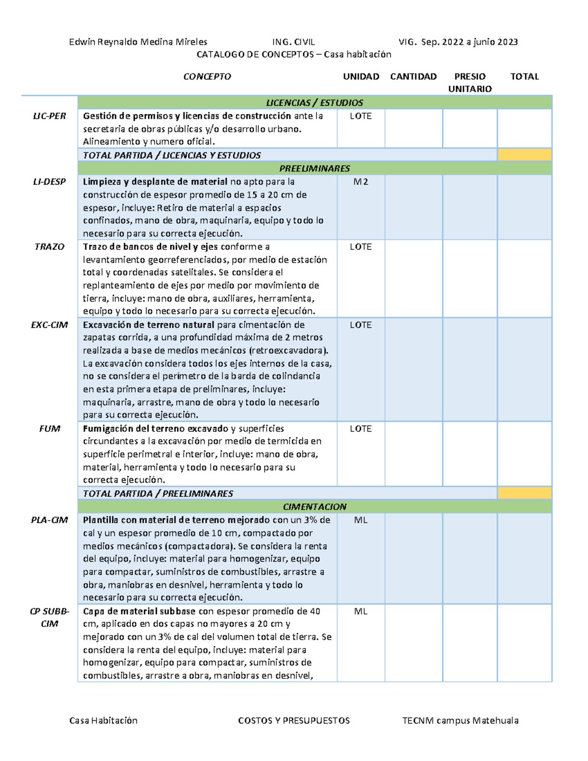 CATÁLOGO DE CONCEPTOS – Casa Habitación (Construcción) - Studocu