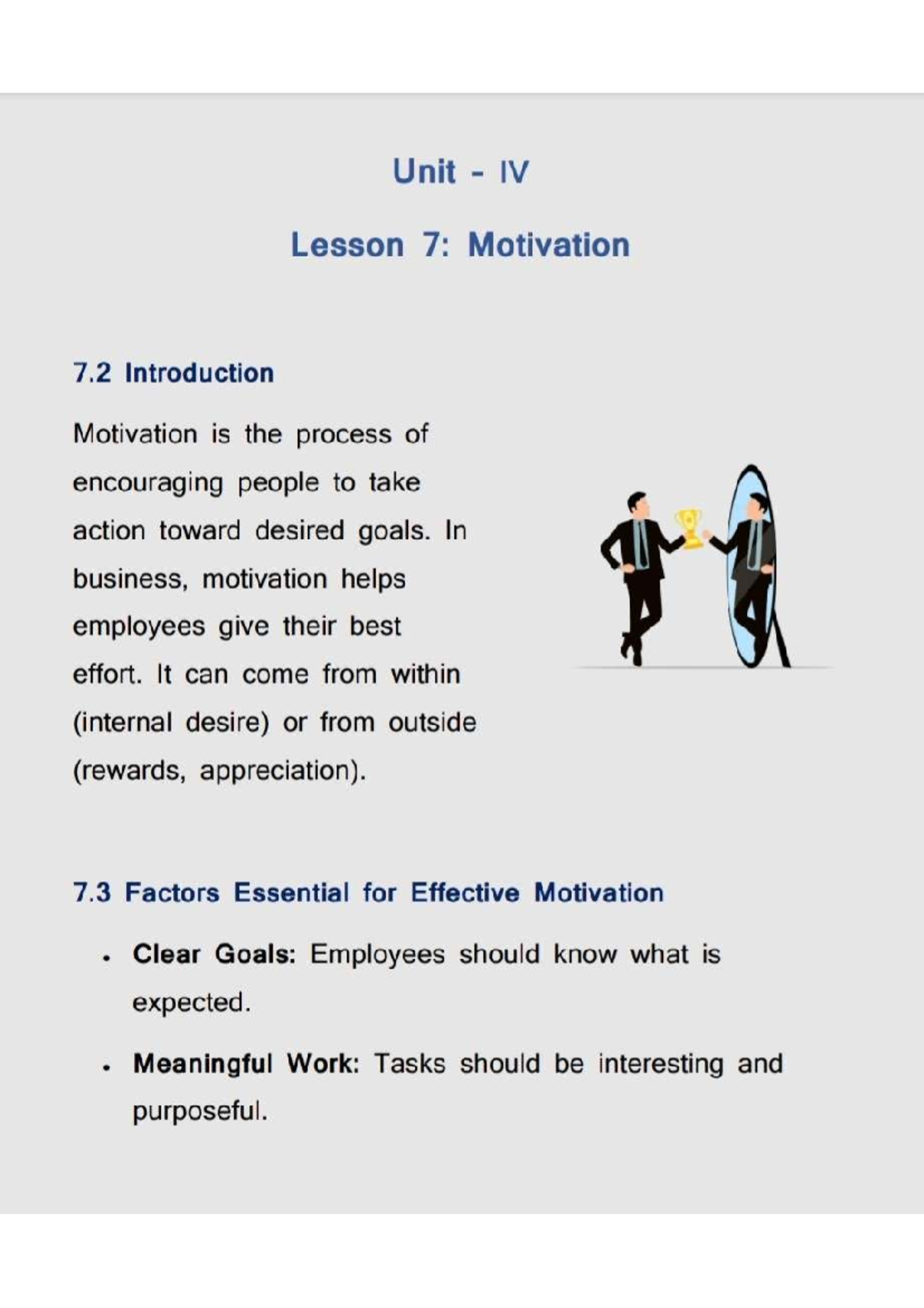 Unit IV Lesson 7: Understanding Motivation and Its Impact - Studocu