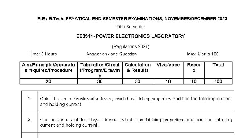 EE3511 POWER ELECTRONICS LAB - Practical End Semester Exam 2023 - Studocu