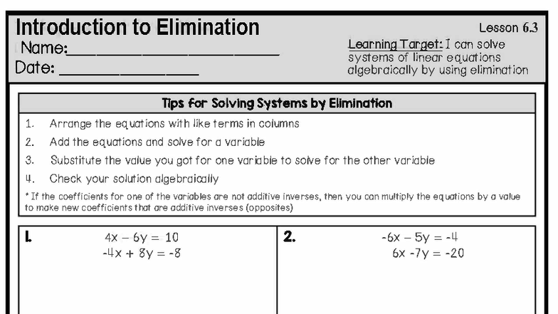 Elimination Method: Solving Linear Equations (Lesson 6.3) - Studocu