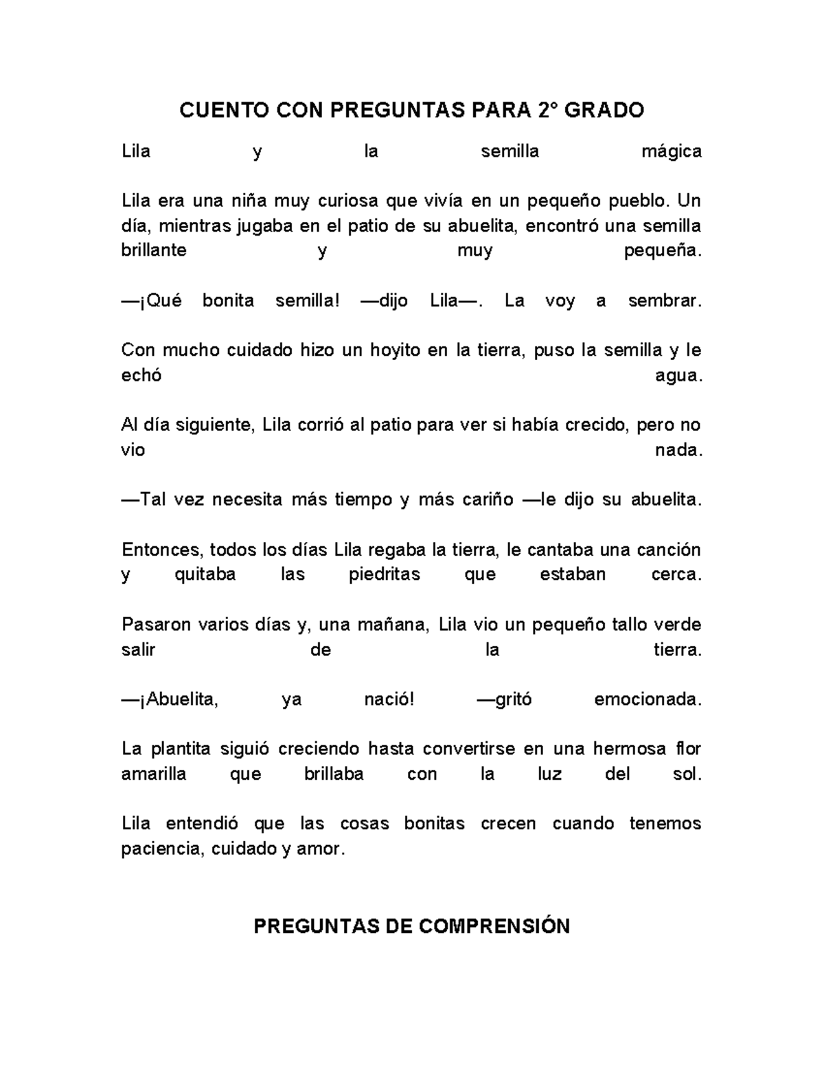 Cuento y Preguntas de Comprensión para 2° Grado: Lila y la Semilla ...