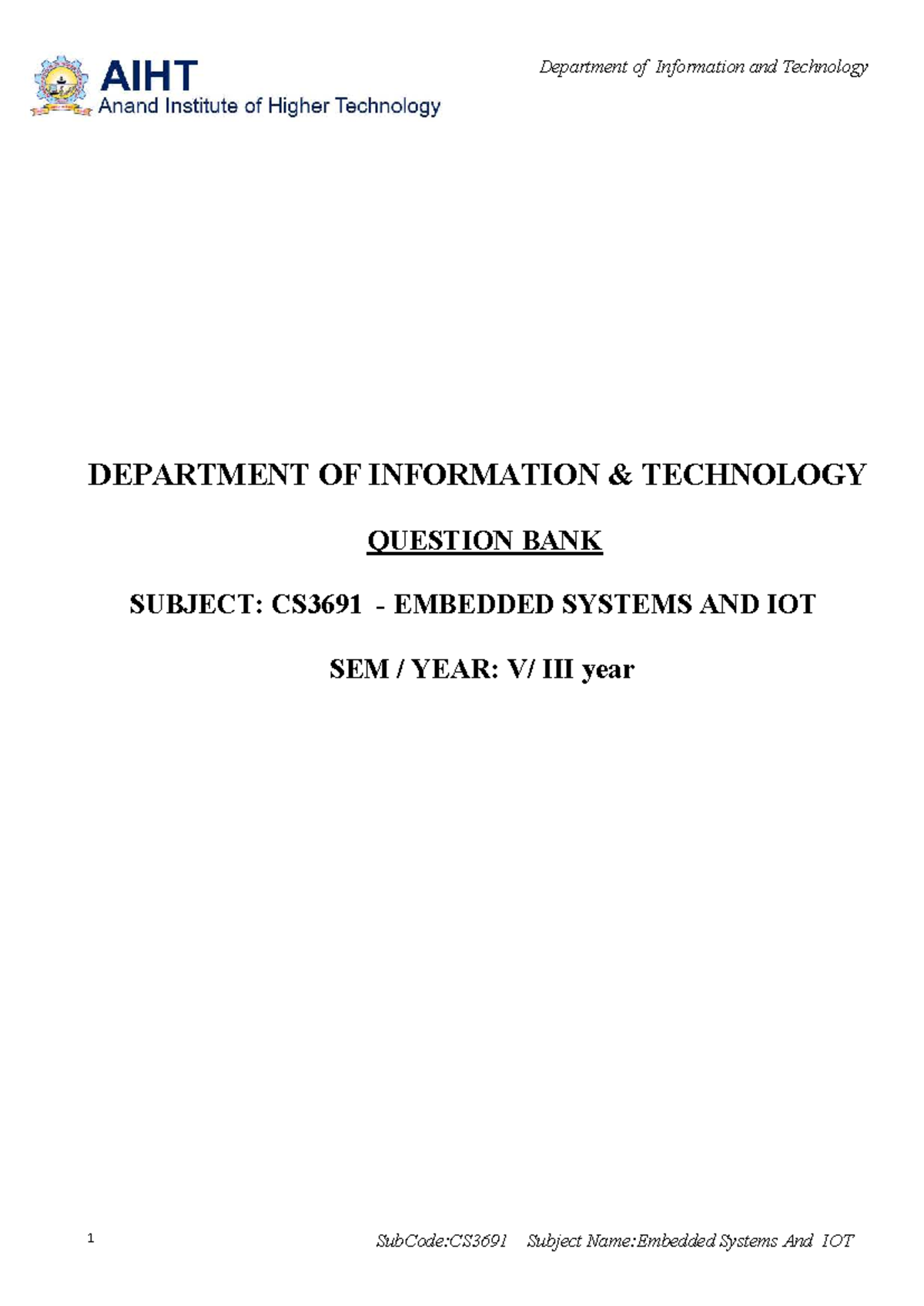 CS3691 Question Bank: Embedded Systems and IoT - Studocu