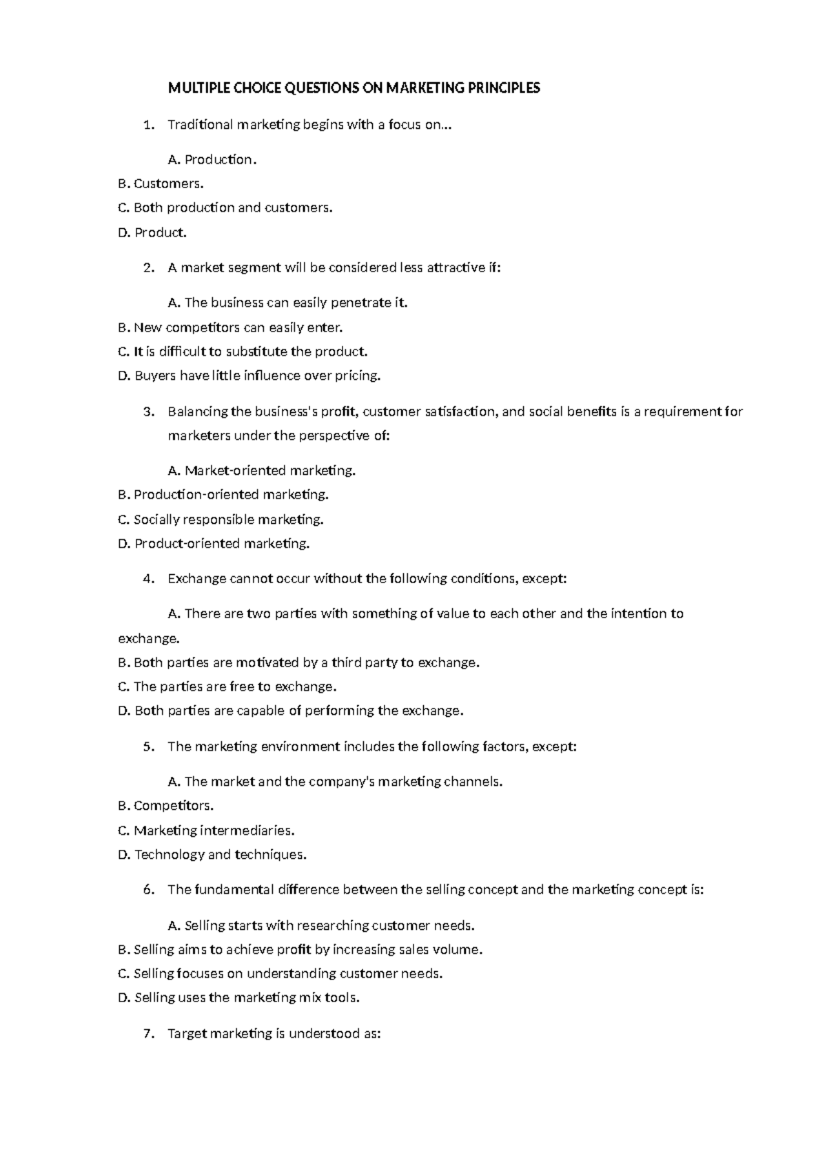 Multiple Choice Questions: Marketing Principles MCQ 101 - Studocu