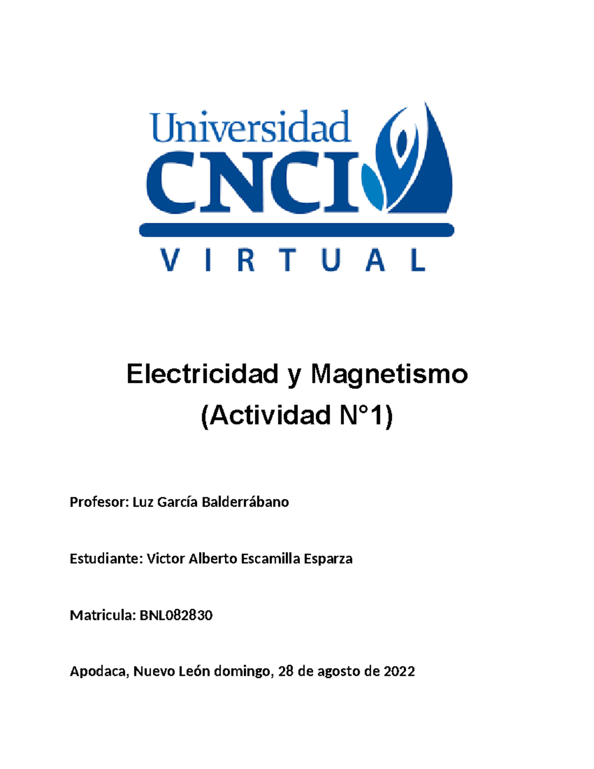 Electricidad y Magnetismo Act - Electricidad y Magnetismo (Actividad N°1) Profesor: Luz García ...