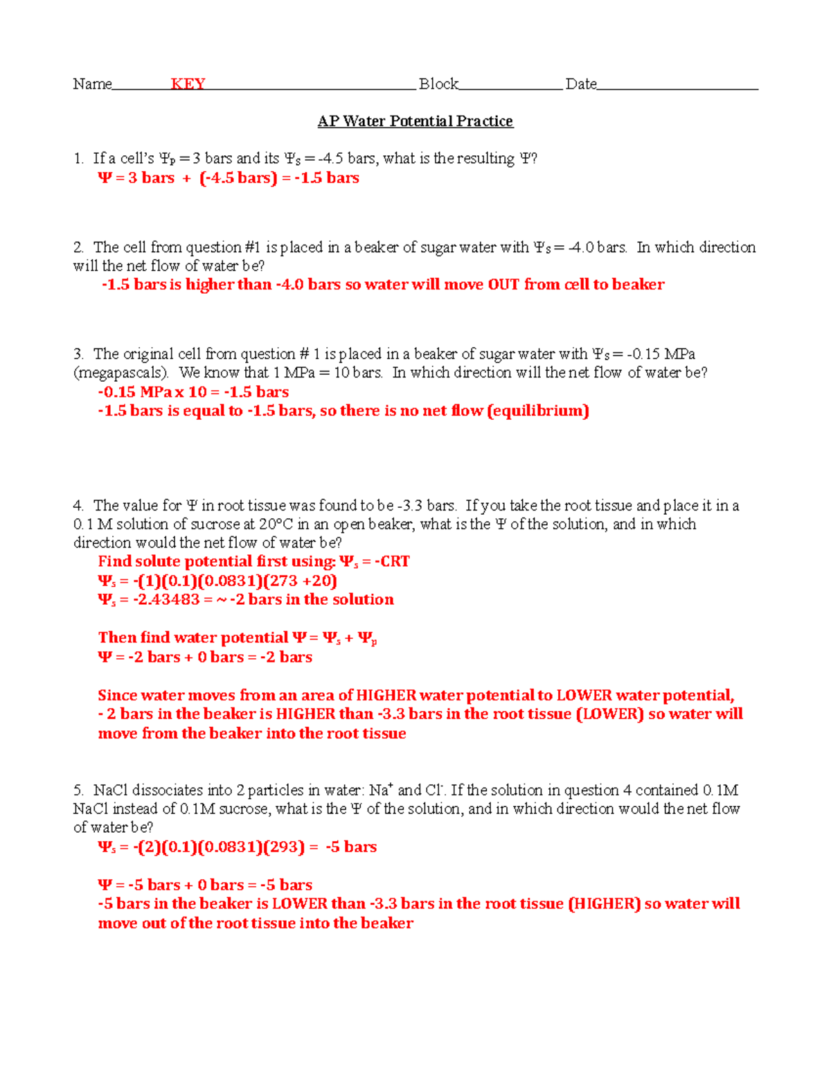 AP Water Potential Practice Key: Analysis and Solutions - Studocu