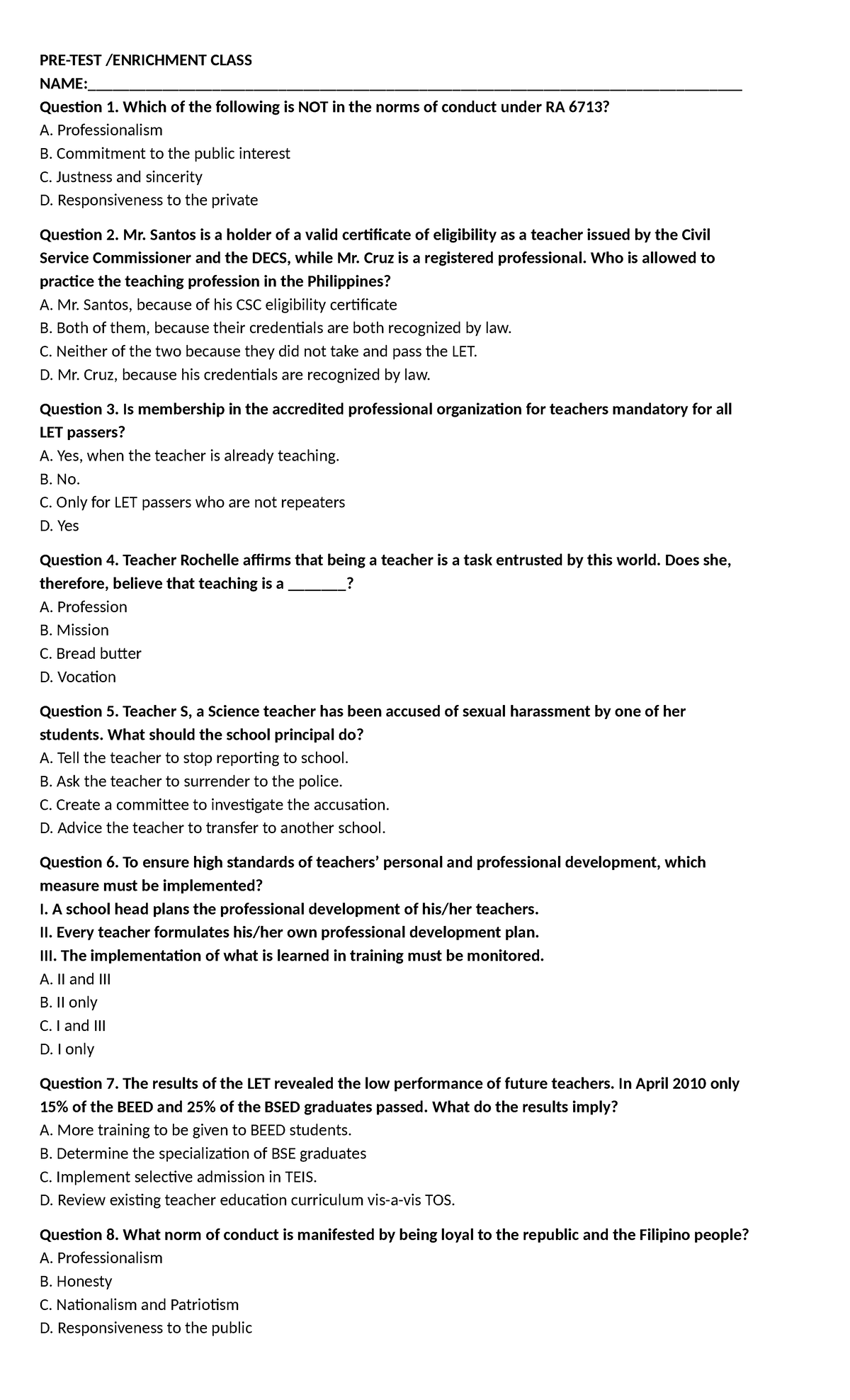 Pretest Review for LET: Key Concepts and Sample Questions - Studocu