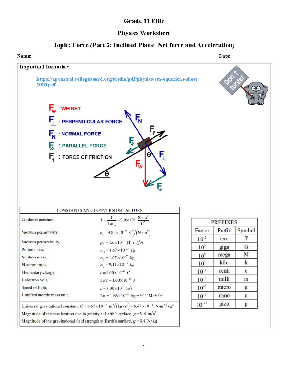Grade 11 Elite Physics WS: Force on Inclined Planes (Part 3) - Studocu