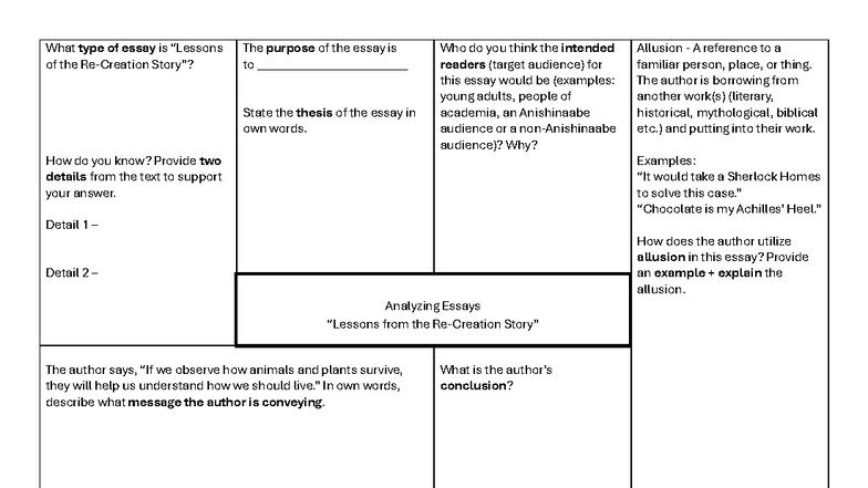 Group Placemat Activity - Analyzing Essays & Re-Creation Story - Studocu