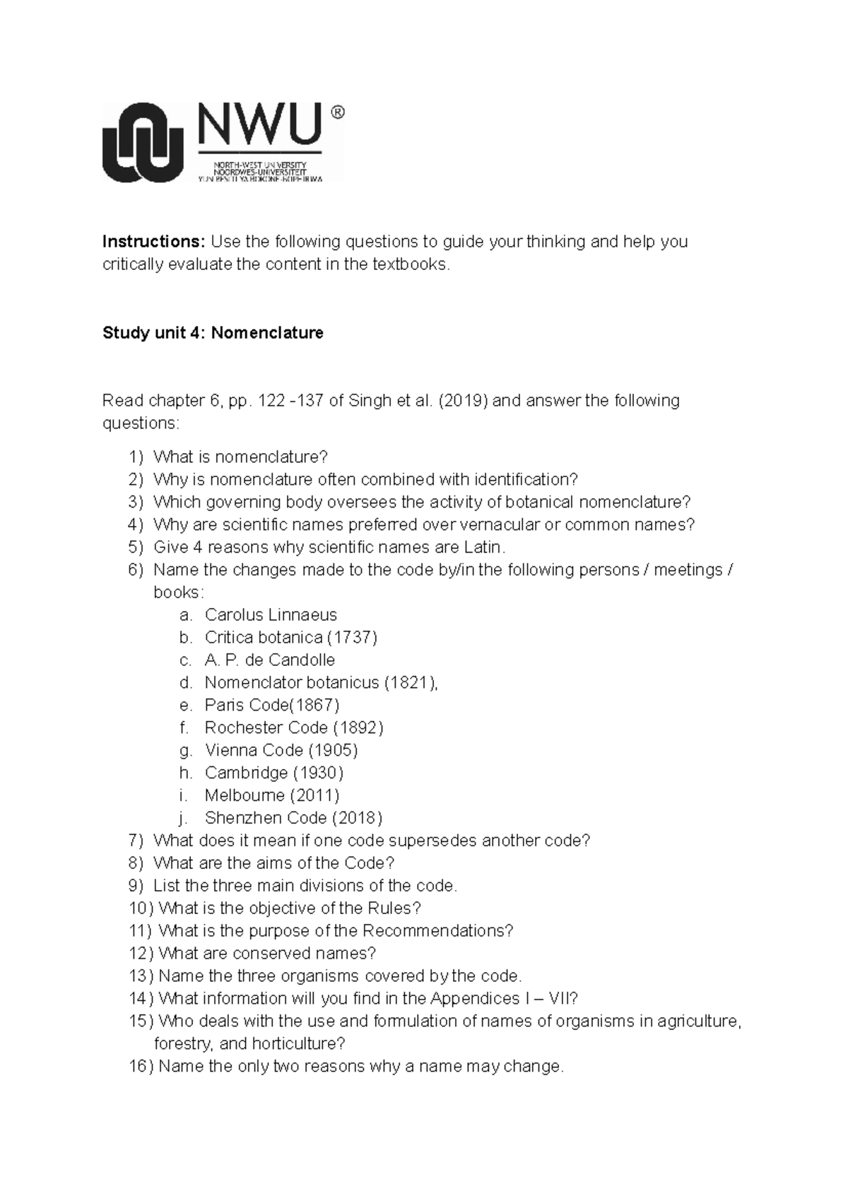 Study Unit 4: Guiding Questions on Nomenclature and Code - Studocu