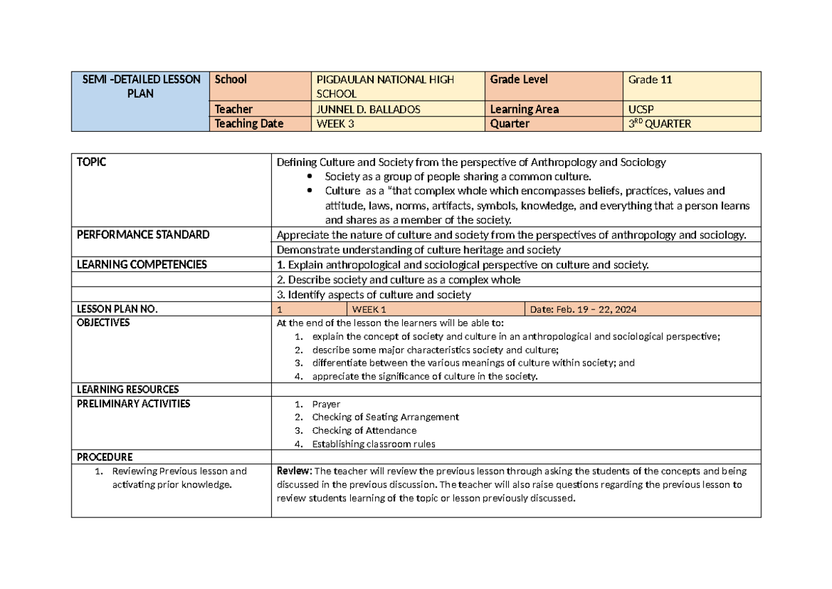 Lesson Plan UCSP Week 3: Understanding Culture and Society - Studocu