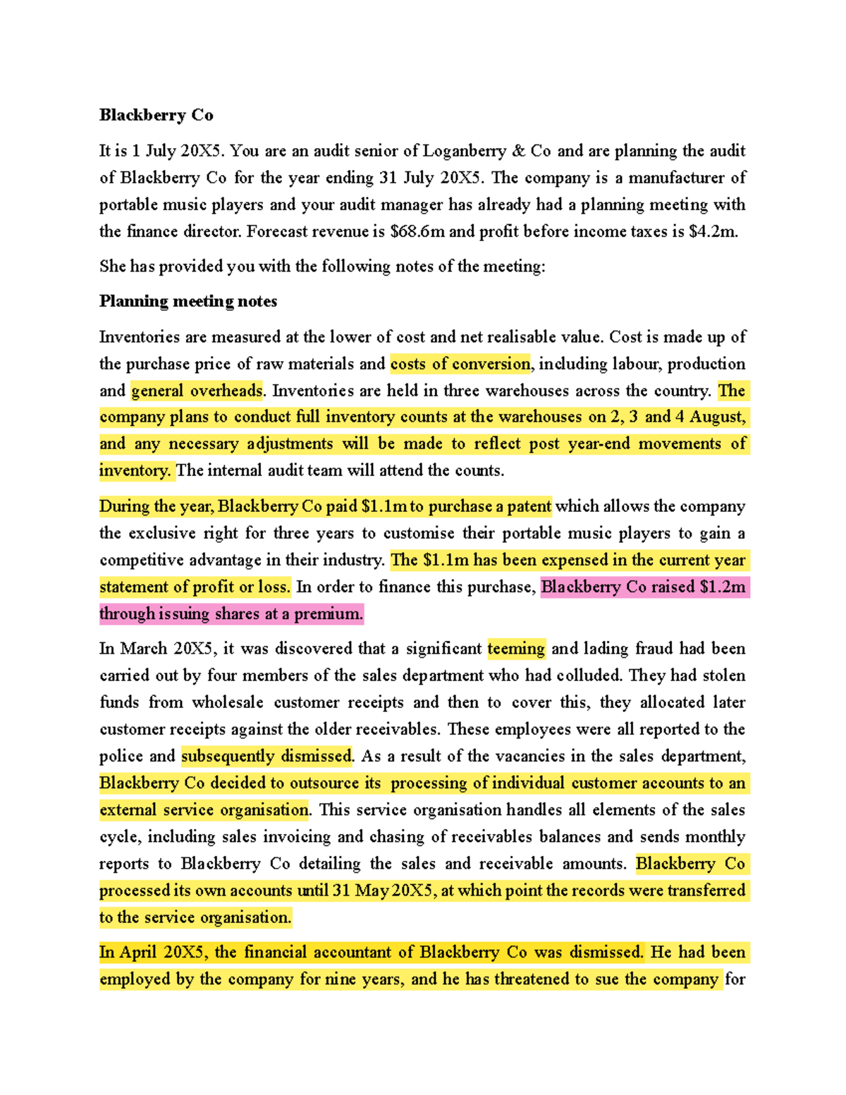 Case Study - Audit Planning for Blackberry Co (20X5) - Studocu