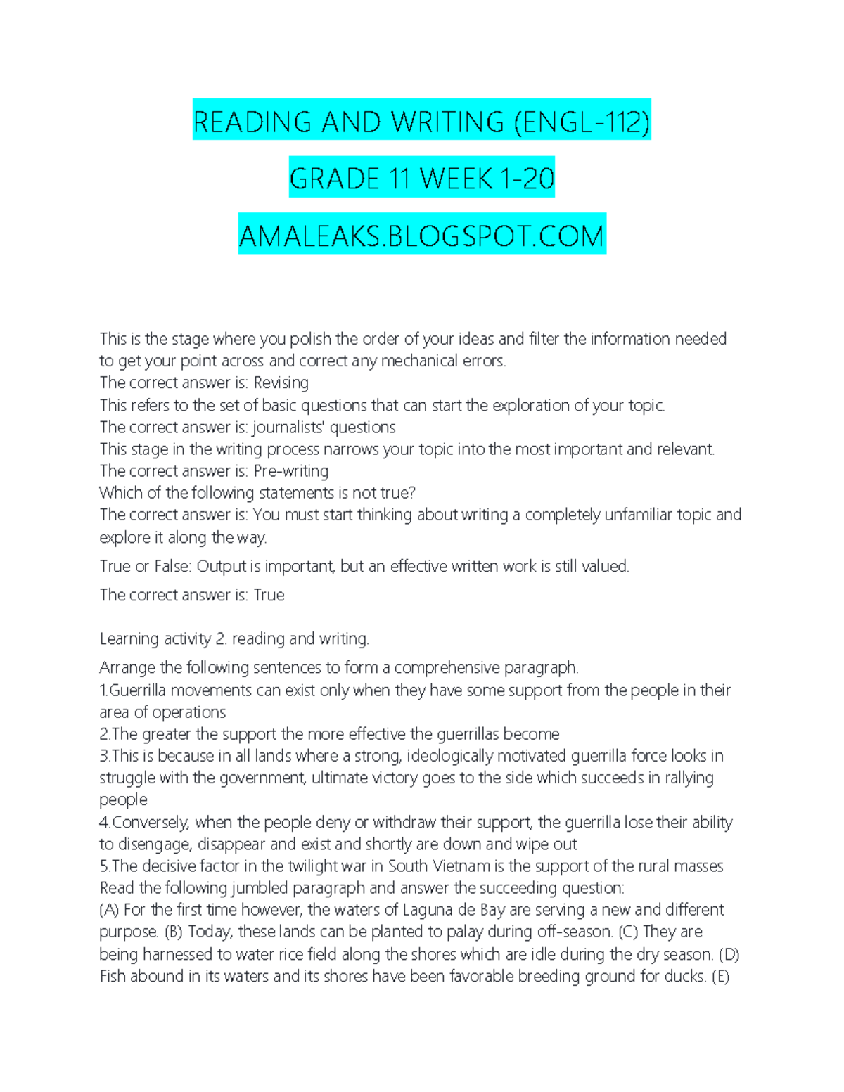 Revisions and Exercises for Reading and Writing (ENGL-112) Grade 11 ...