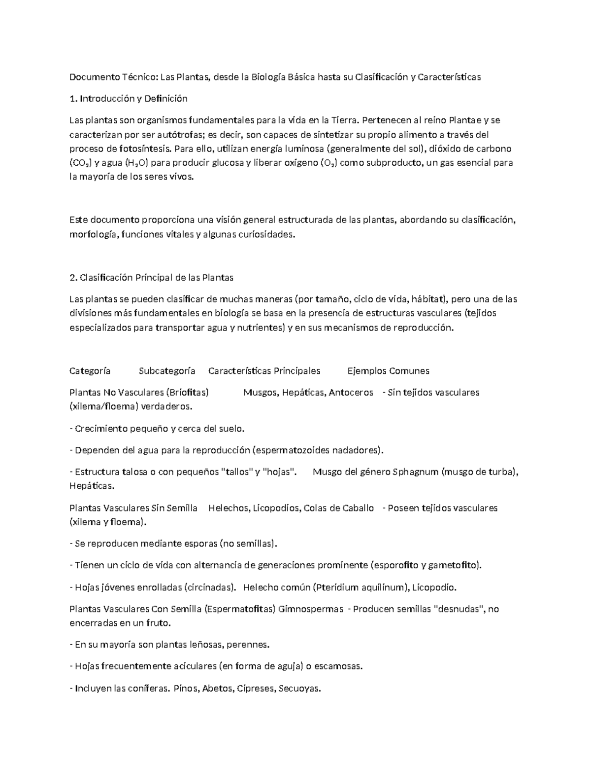 Documento Técnico: Clasificación y Morfología de las Plantas - Studocu