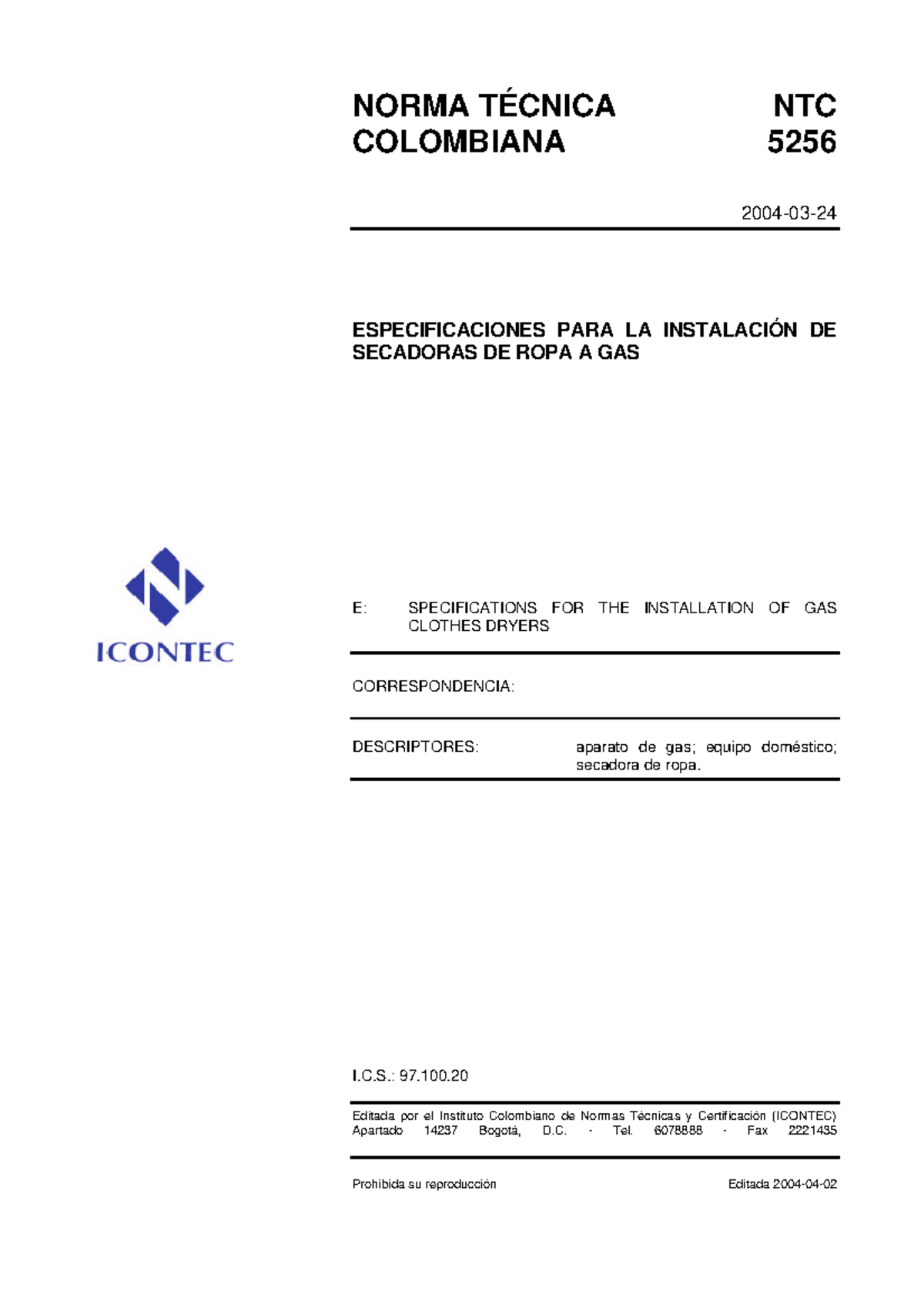 NTC 5256 Instalación de Secadoras de Ropa a Gas: Especificaciones ...