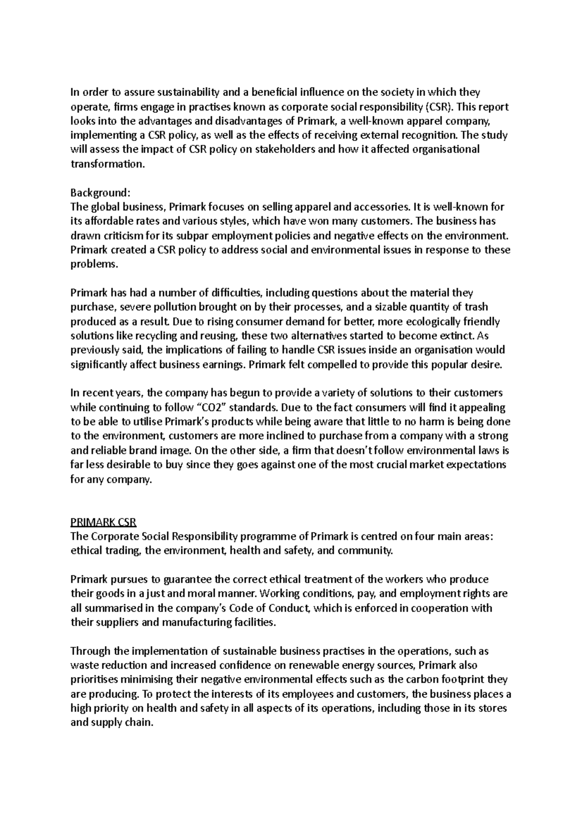 Unit 20 CSR Assignment 2: Examining Primark's Corporate Social ...