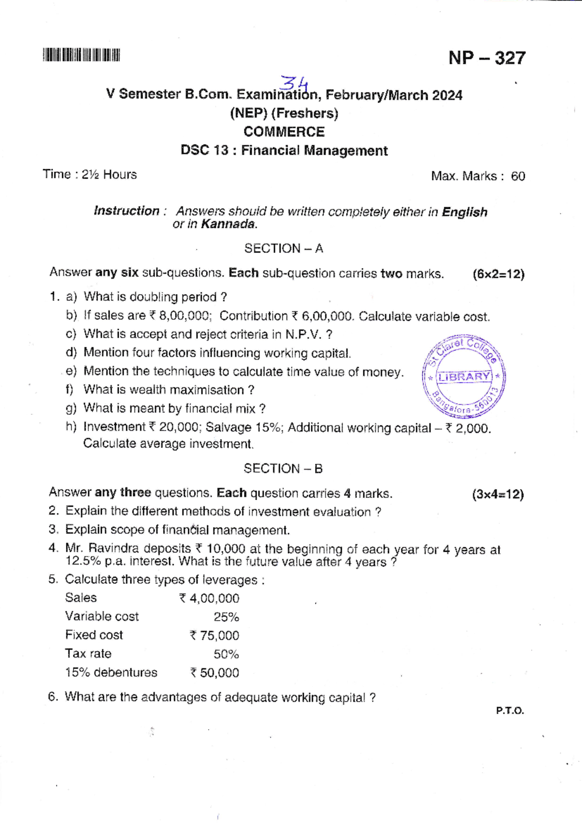 34DSC13 Financial Management Previous Year Exam Questions Feb-Mar 2024 ...
