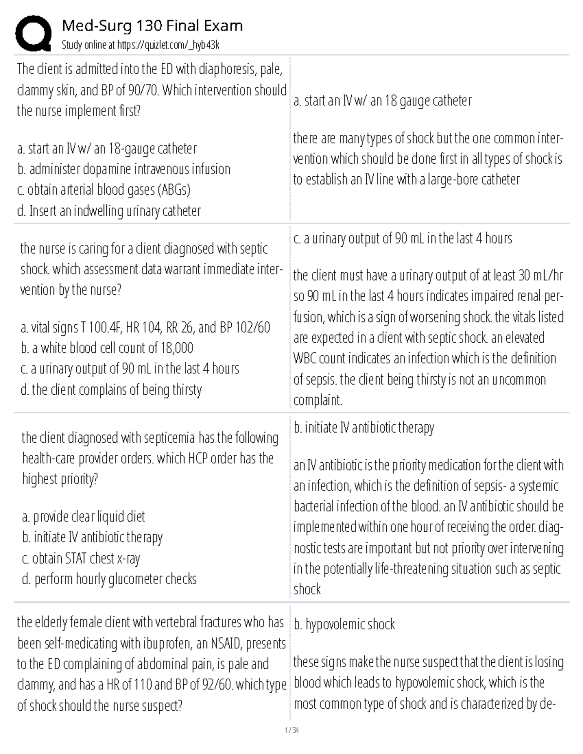 130 Final Exam Study Guide: Shock, IV Therapy, and Nursing ...