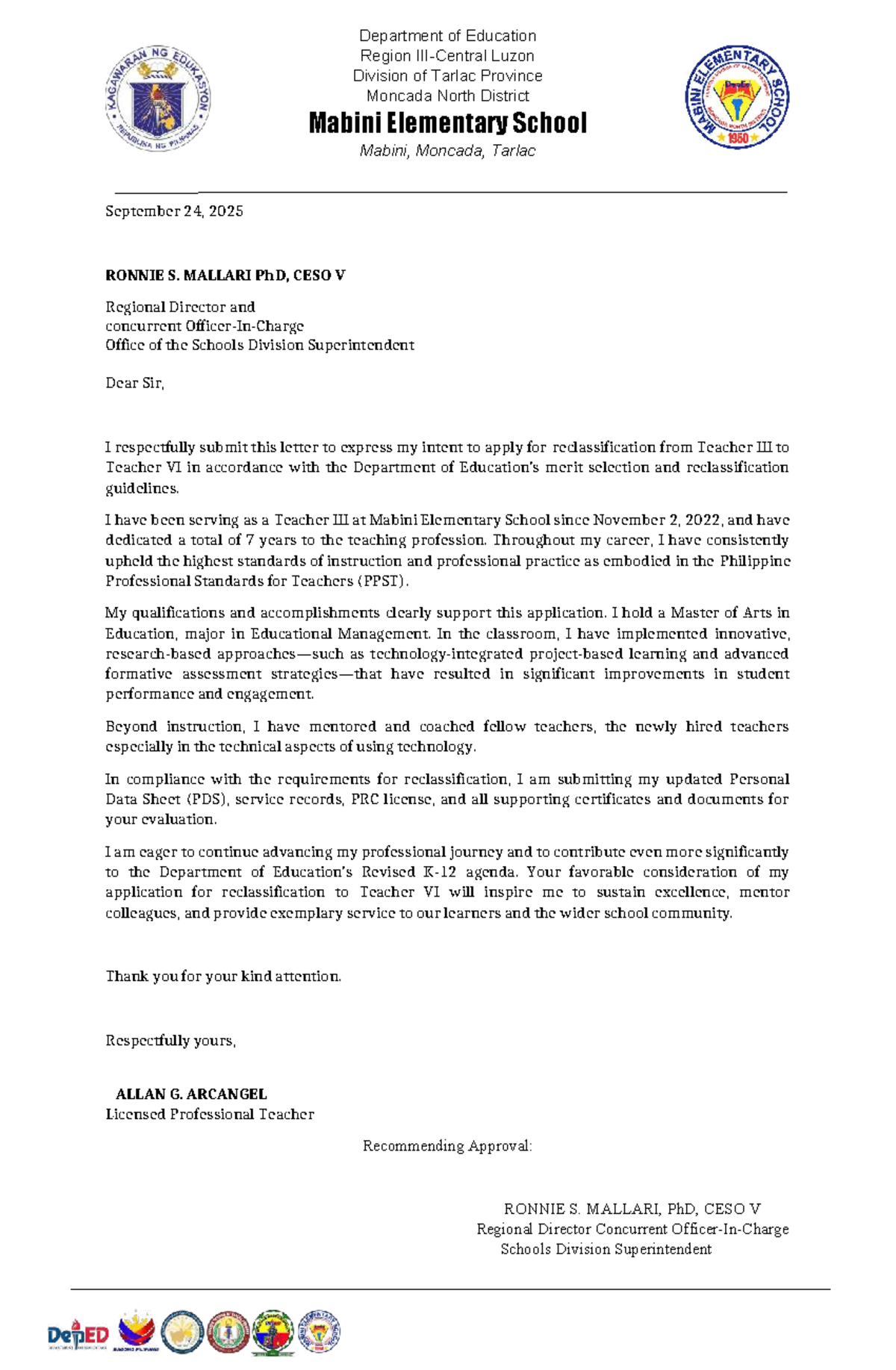 Intent Letter for Teacher VI Reclassification Application - Studocu