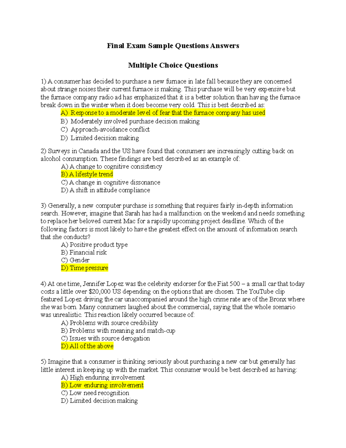 Final Exam Sample Questions & Answers for Consumer Behavior (CB 101 ...