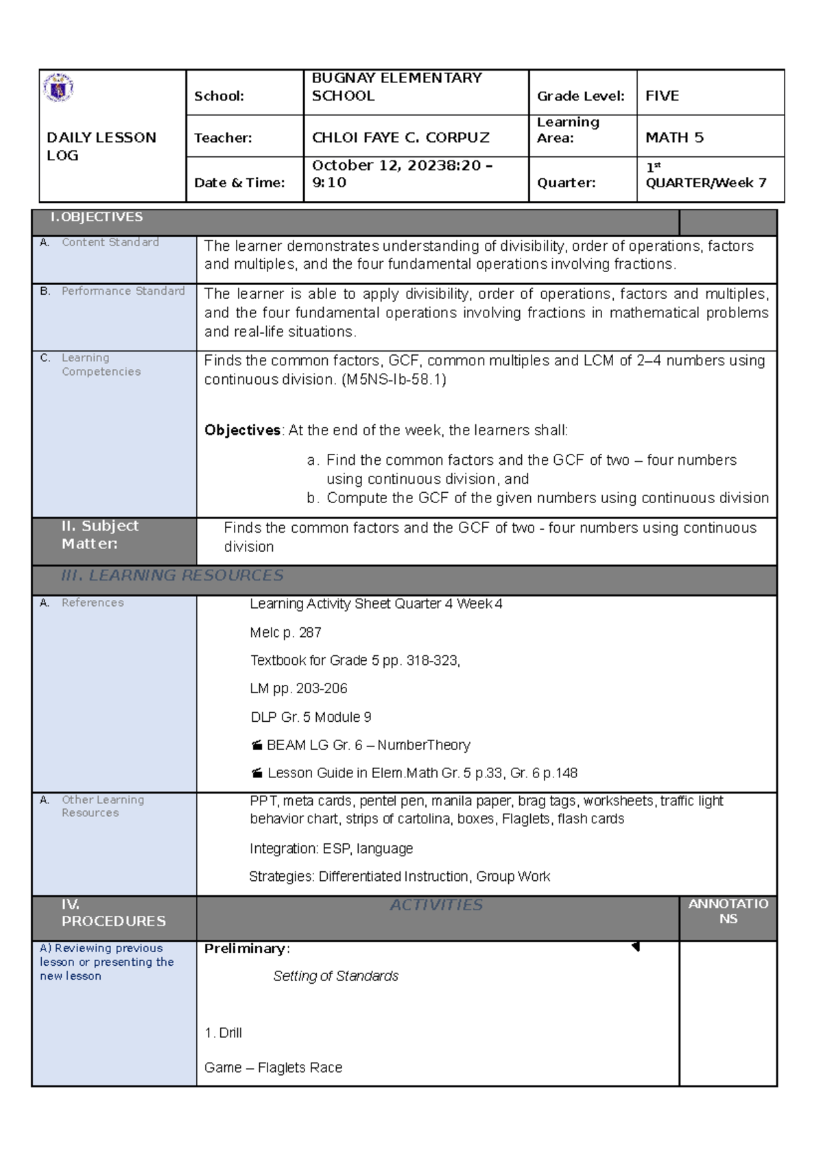 COT MATH 5 - Lesson Observation on GCF and Number Operations - Studocu