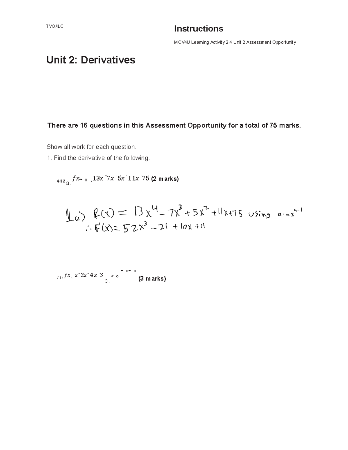 MCV4U Unit 2 Test: Derivatives Assessment Opportunity Guide - Studocu