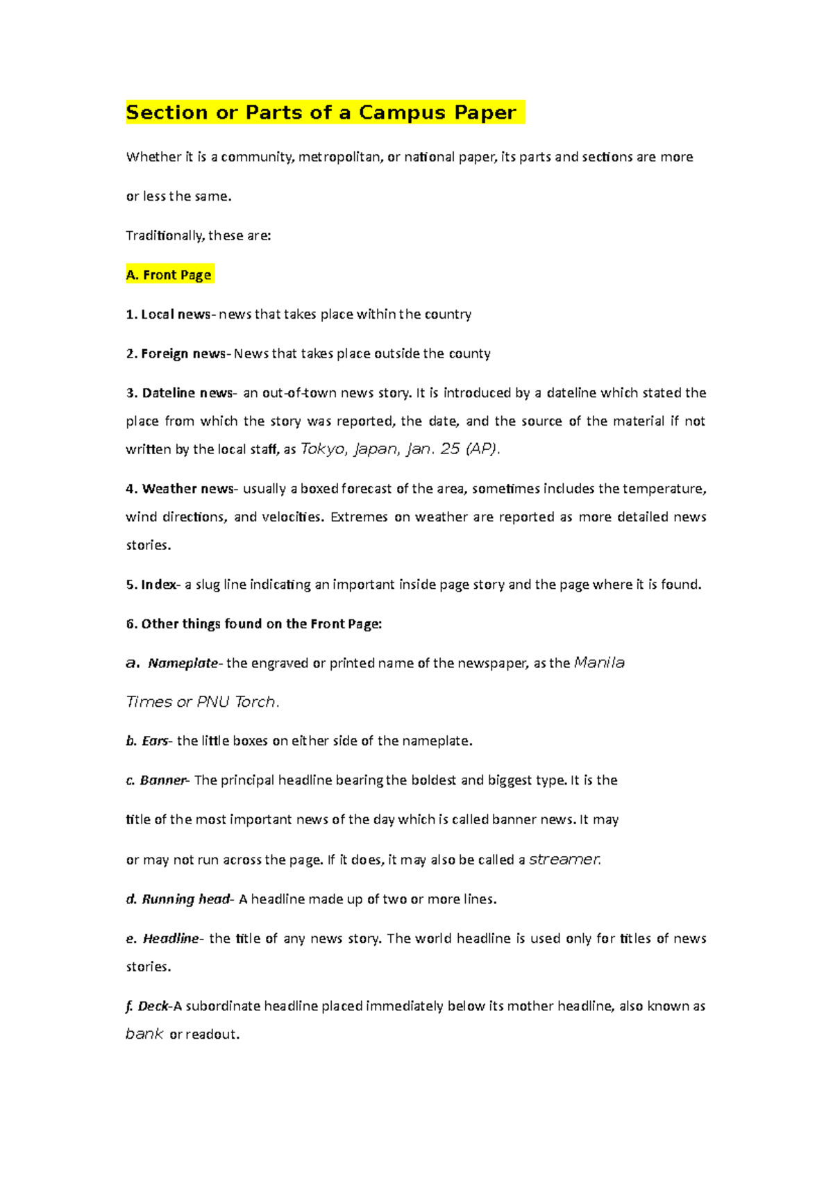 Section or Parts of a Campus Paper - Section or Parts of a Campus Paper ...