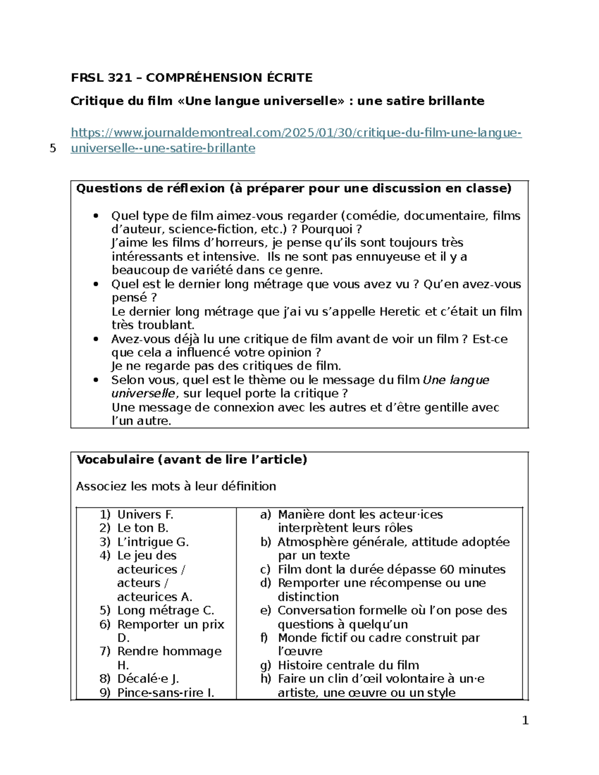 FRSL 321 - Critique du film "Une langue universelle" : Une satire ...