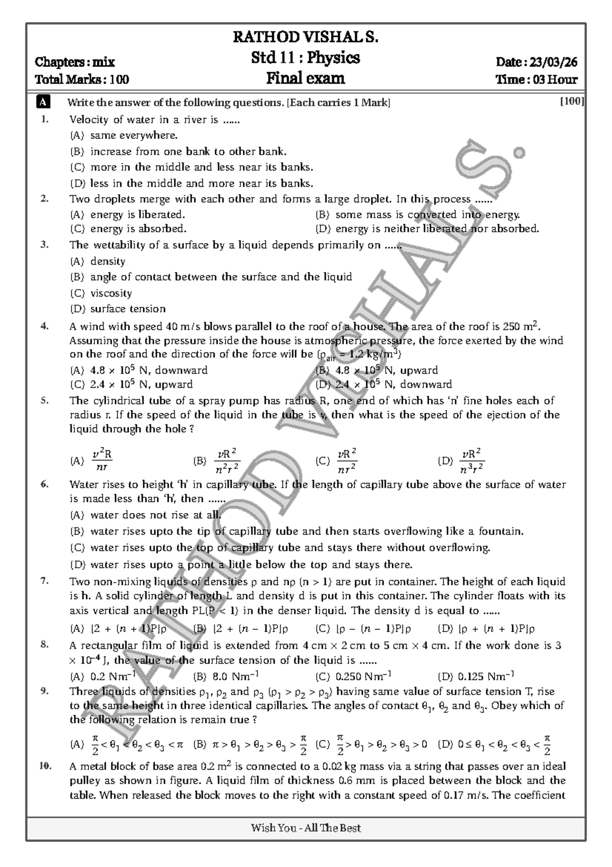 Std 11 Physics Final Exam Review: Mixed Chapters (Total Marks: 100 ...