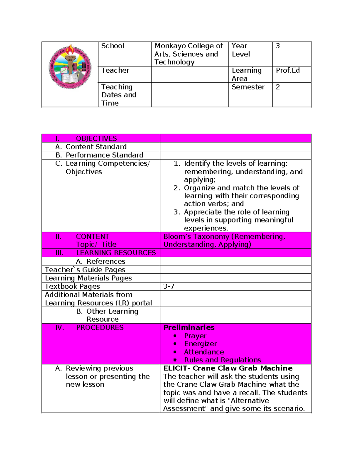 Teaching Strategies and Learning Taxonomy - Prof.Ed 2 Lesson Plan ...