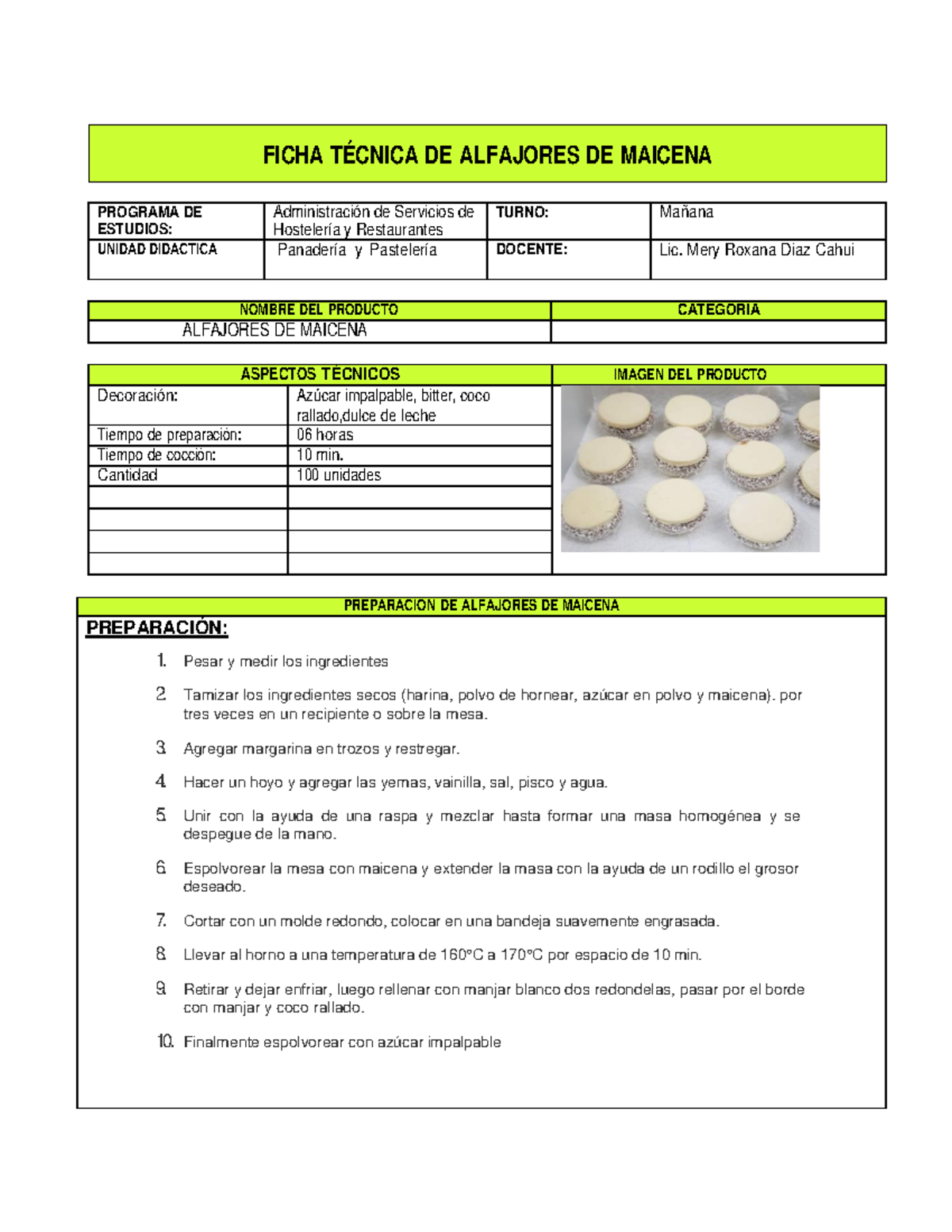 FICHA TÉCNICA: Alfajores de Maicena - JAE - Studocu
