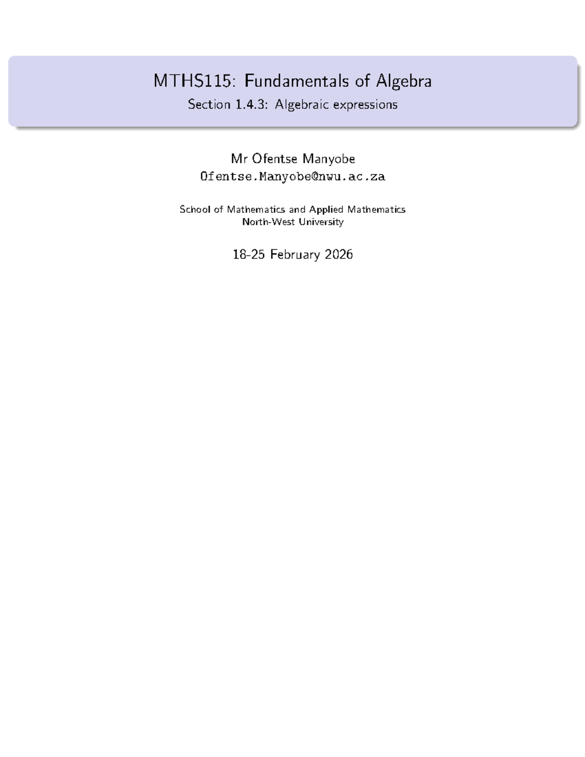 MTHS115: Lesson on Algebraic Expressions - Studocu