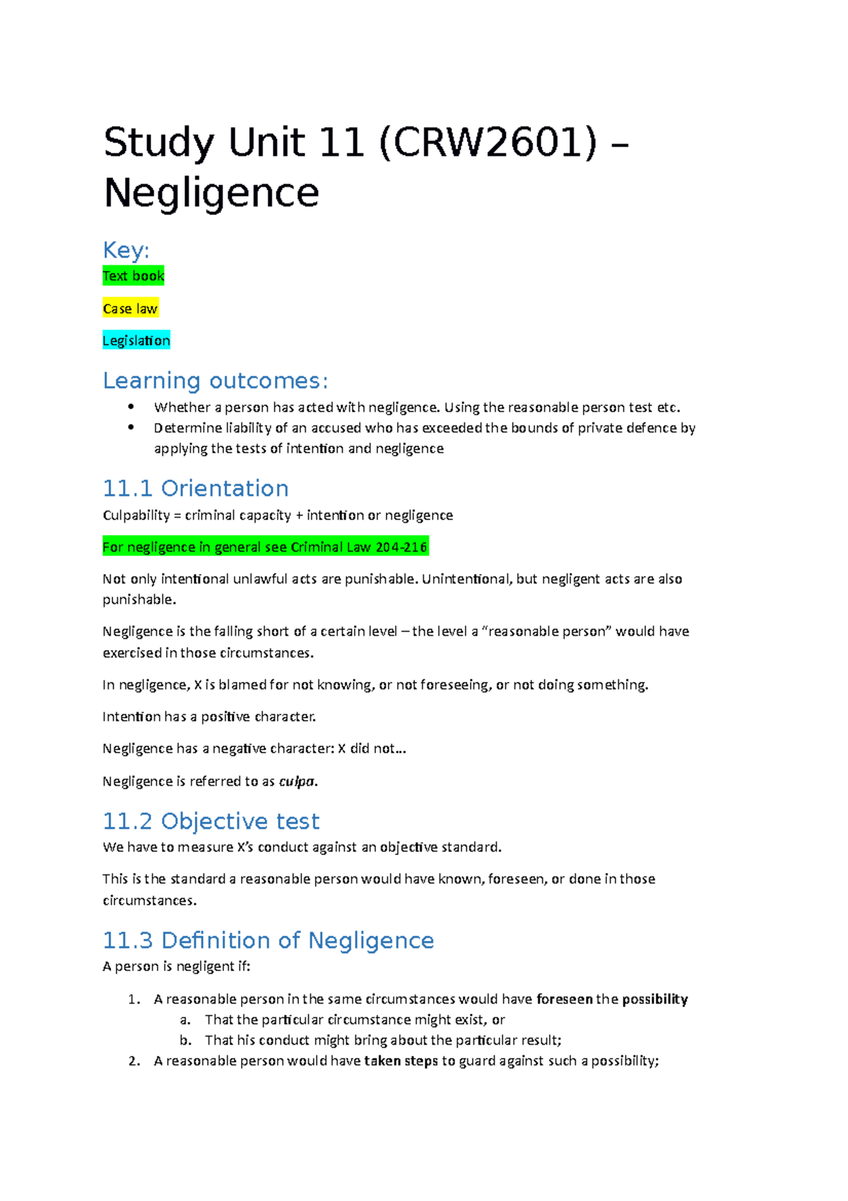 CRW2601 Study Unit 11: Understanding Negligence Principles - Studocu