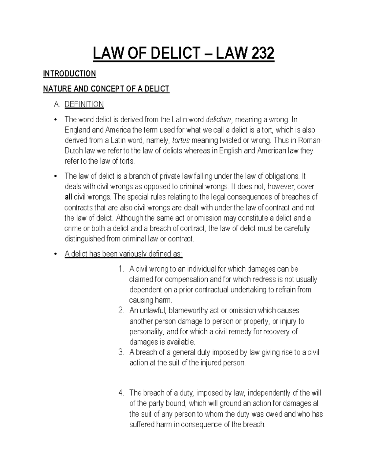 Law of Delict Lecture Notes – LAW 232 Overview and Analysis - Studocu