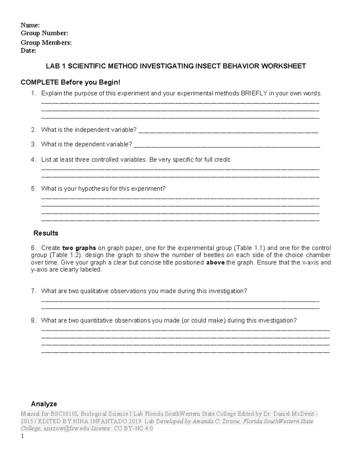 BSC1010L Lab 1: Investigating Insect Behavior & χ² Analysis Worksheet ...