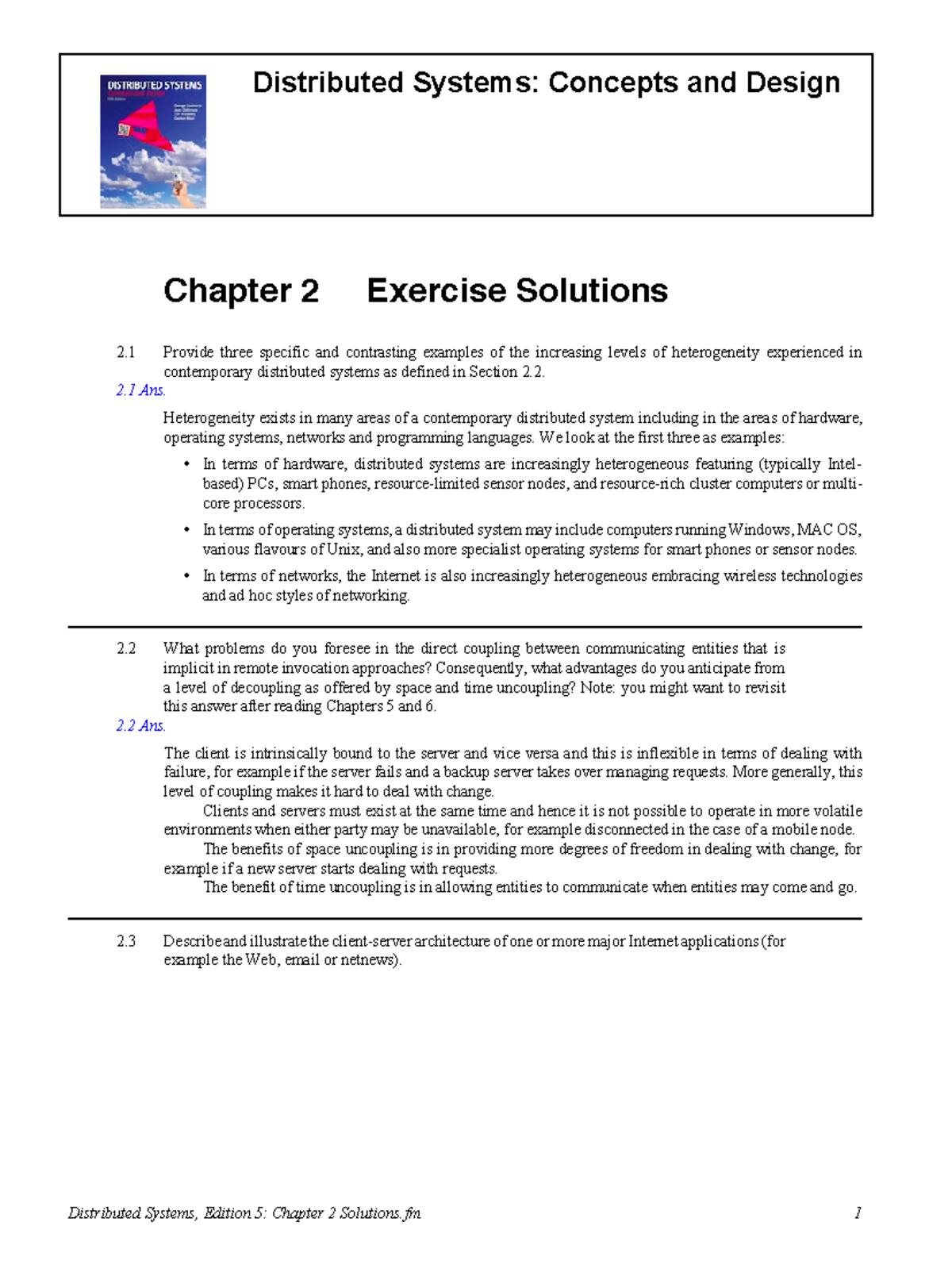 Chapter 2 Exercise Solutions - Distributed Systems: Concepts and Design ...