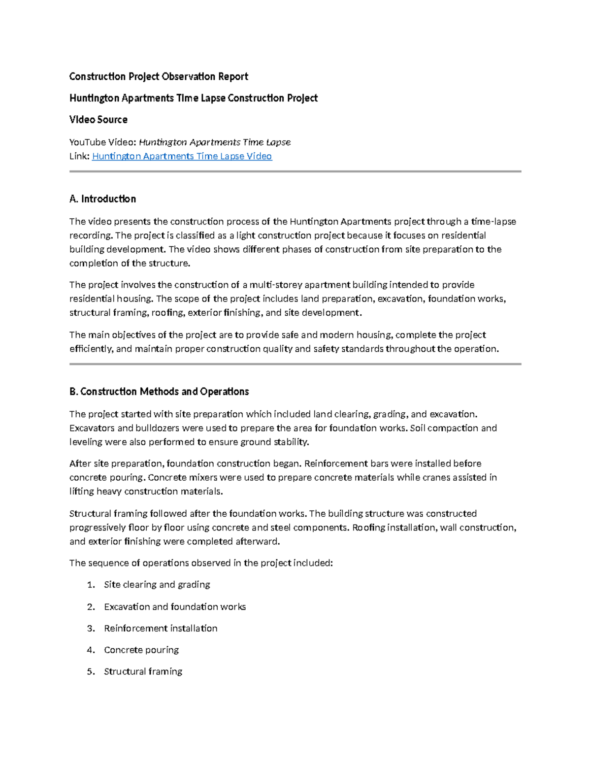HUNT 101: Construction Project Observation Report - Huntington ...