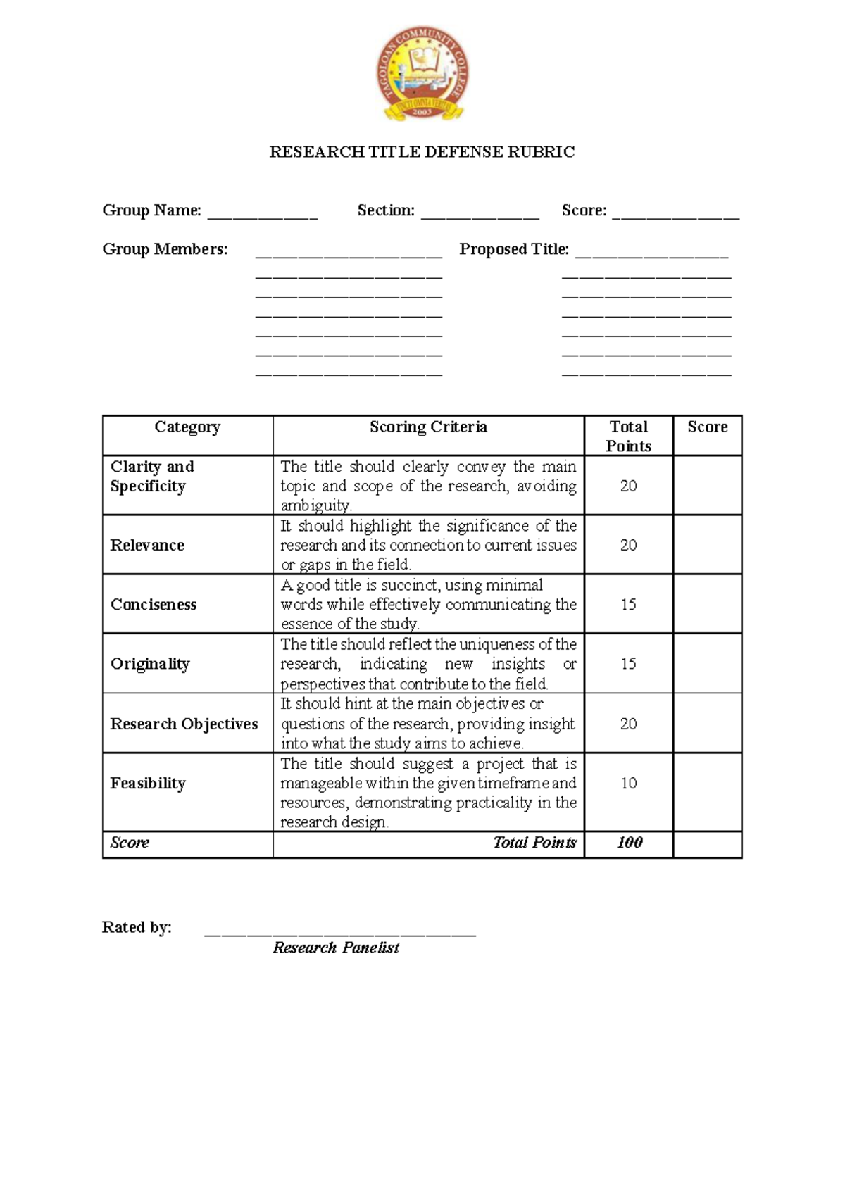 Research Title Defense Rubric: Evaluation Criteria and Scoring - Studocu
