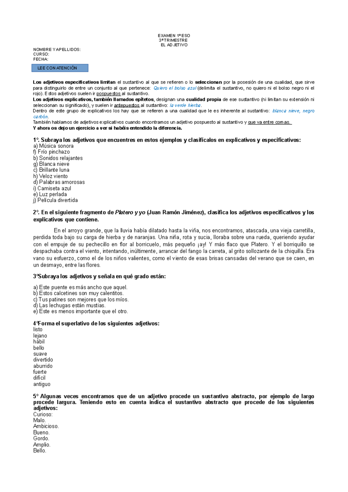 Examen de Adjetivos - 1º ESO - 3er Trimestre - Studocu
