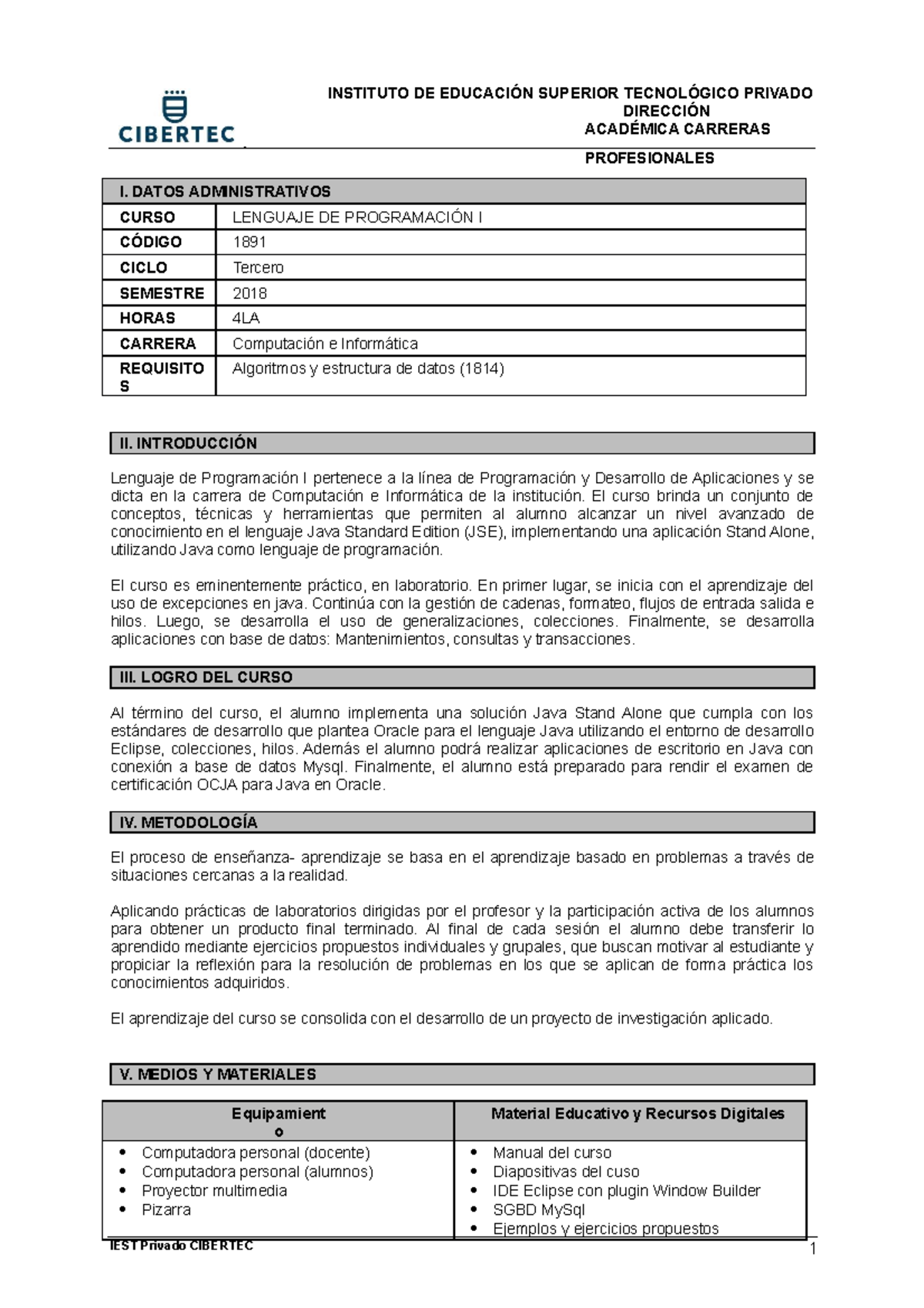 Sílabo 2018 03 Lenguaje de Programación I (1891) - IEST Privado CIBERTEC 1 INSTITUTO DE ...