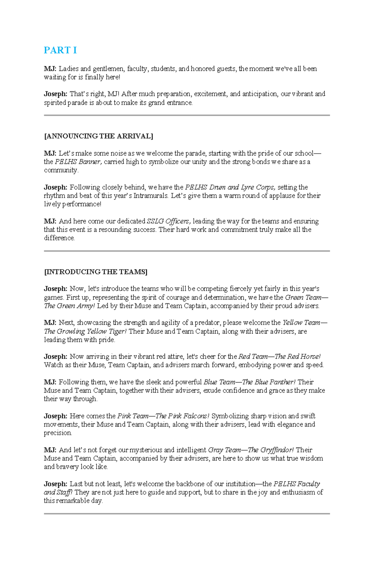 Intramurals 2024 Opening Ceremony Script - PELHS - Studocu